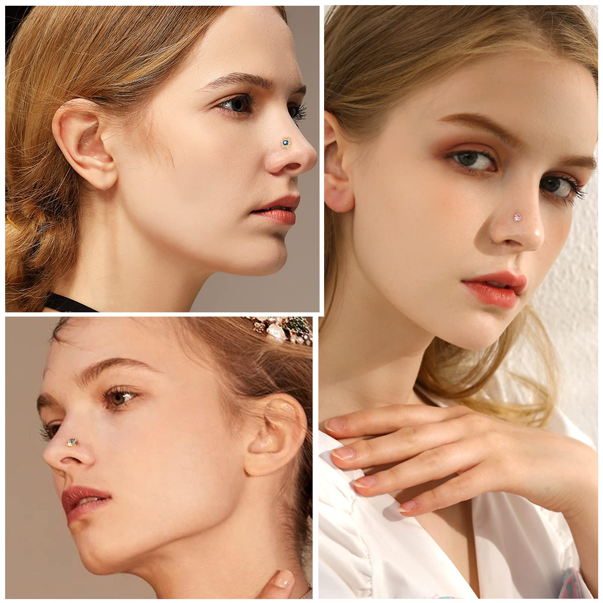 Besteel 12PCS Nose Ring Studs for Women 20G Stainless Steel L Shaped Nose Rings CZ Nose Studs Assorted Nose Piercing Jewelry Gold-tone