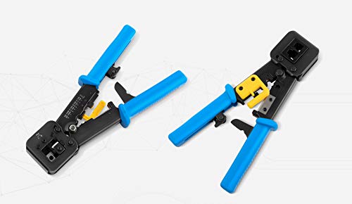 EMS RJ45 Crimp Tool Kit, With 50 Cat6 Pass Through Connectors and 50 Clear Cable Strain Relief Boots + Extra blades - EZ Cut, Strip, Crimp Ethernet Cables