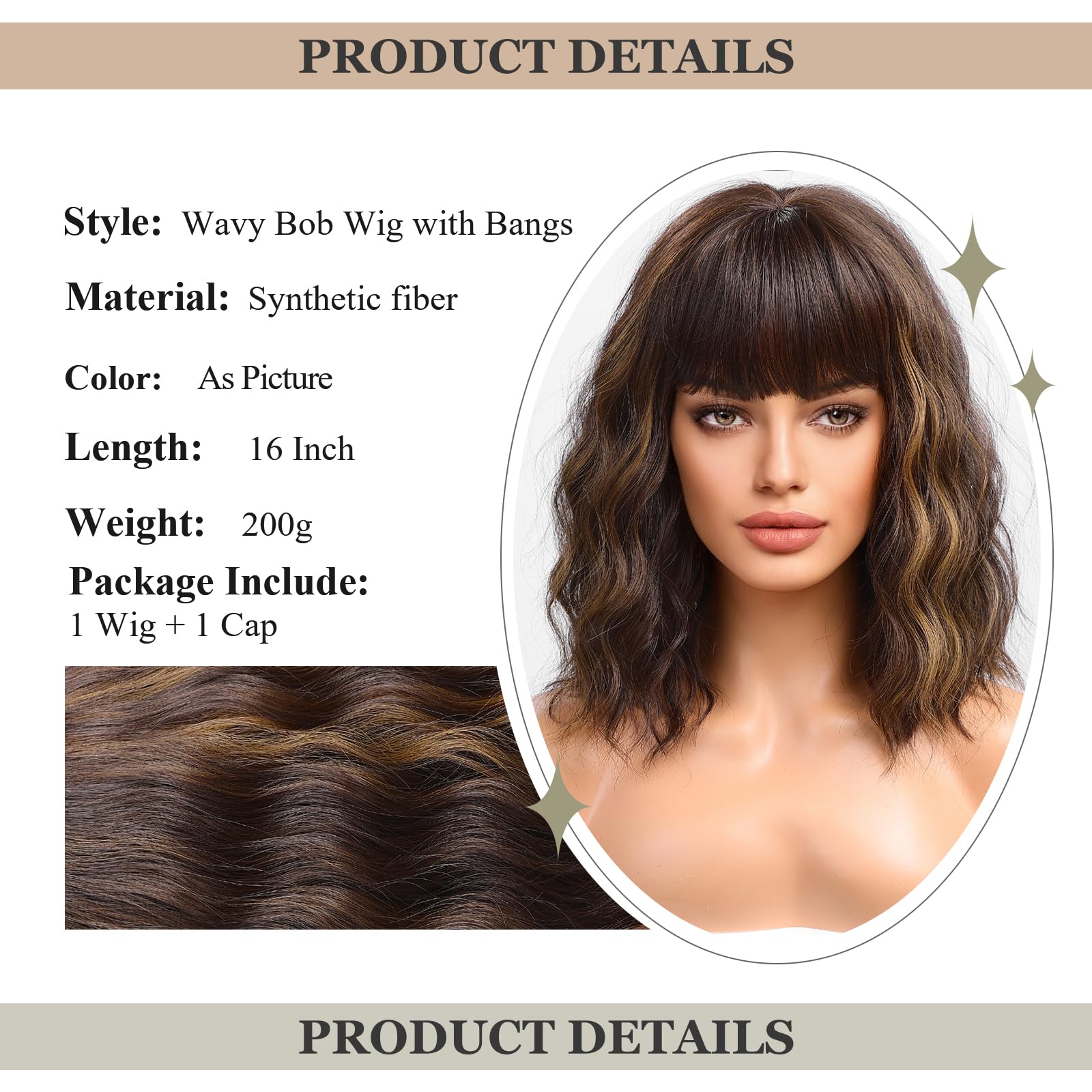 BLONDE UNICORN Brown Wig with Highlight Bob Wigs with Bangs Shoulder Length Wavy Wig Middle Part Hair Wig for Women………