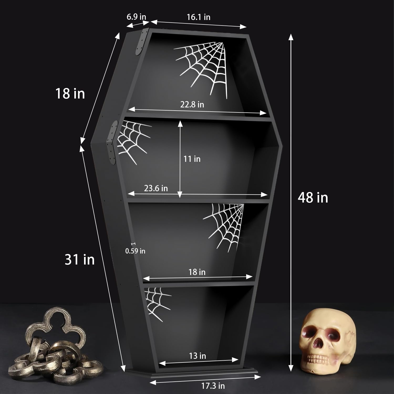 Eostbe Halloween Goth Coffin Bookshelf 48’’H - Wood Tall Coffin Shelf with Spider Web Gothic Decor,Crystal Shelf for Display, Black Spooky Curio Shelf for Home Decor, Witchy Room Decor for Oddities