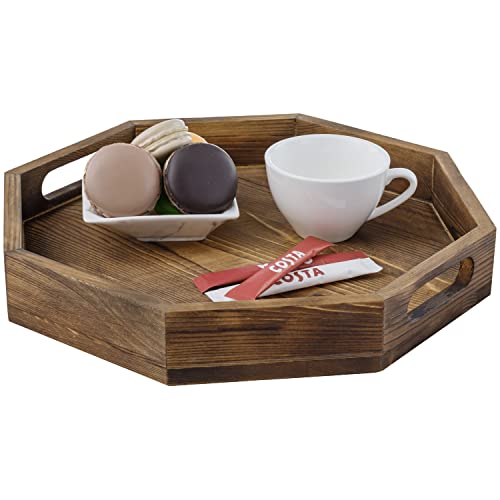 MyGift Rustic Burnt Wood Octagon Serving Tray, Decorative Ottoman Coffee Table Tray with Cutout Handles