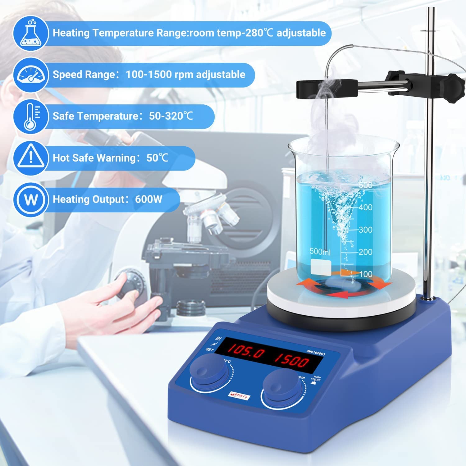 FOUR E'S SCIENTIFIC 5 Inch Magnetic Stirrer Hot Plate Max Temp 280℃/536°F | Max 5L Stirring Capacity | 100-1500RPM | 110V | Laboratory Hot Plate with Temp Probe Sensor & Stir Bar (Not Include Stand)