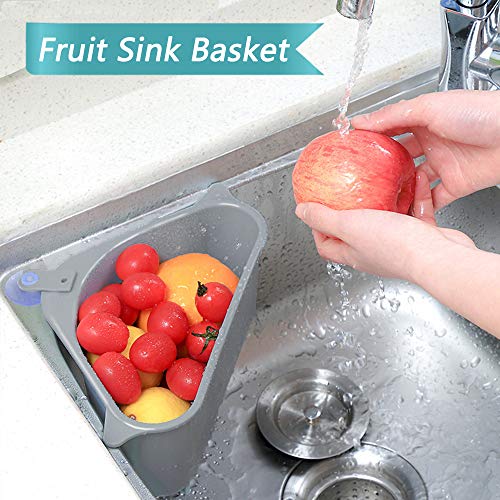 Eutreec Sink Basket, Triangular Multifunctional Drain Shelf Sink Storage Rack Kitchen Sucker Storage Holder Sink Corner Strainer Bathroom Hanging Shelf Soap Box Organizer (Gray)