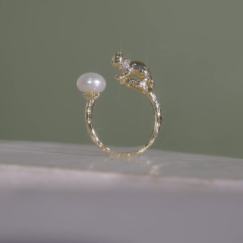 CCijiNG Christmas Pearl Ring for Women 14K Gold Plated Adjustable Open Wrap Ring Fashion Eternity Statement Jewelry for Christmas Gift(Cat Pearl)