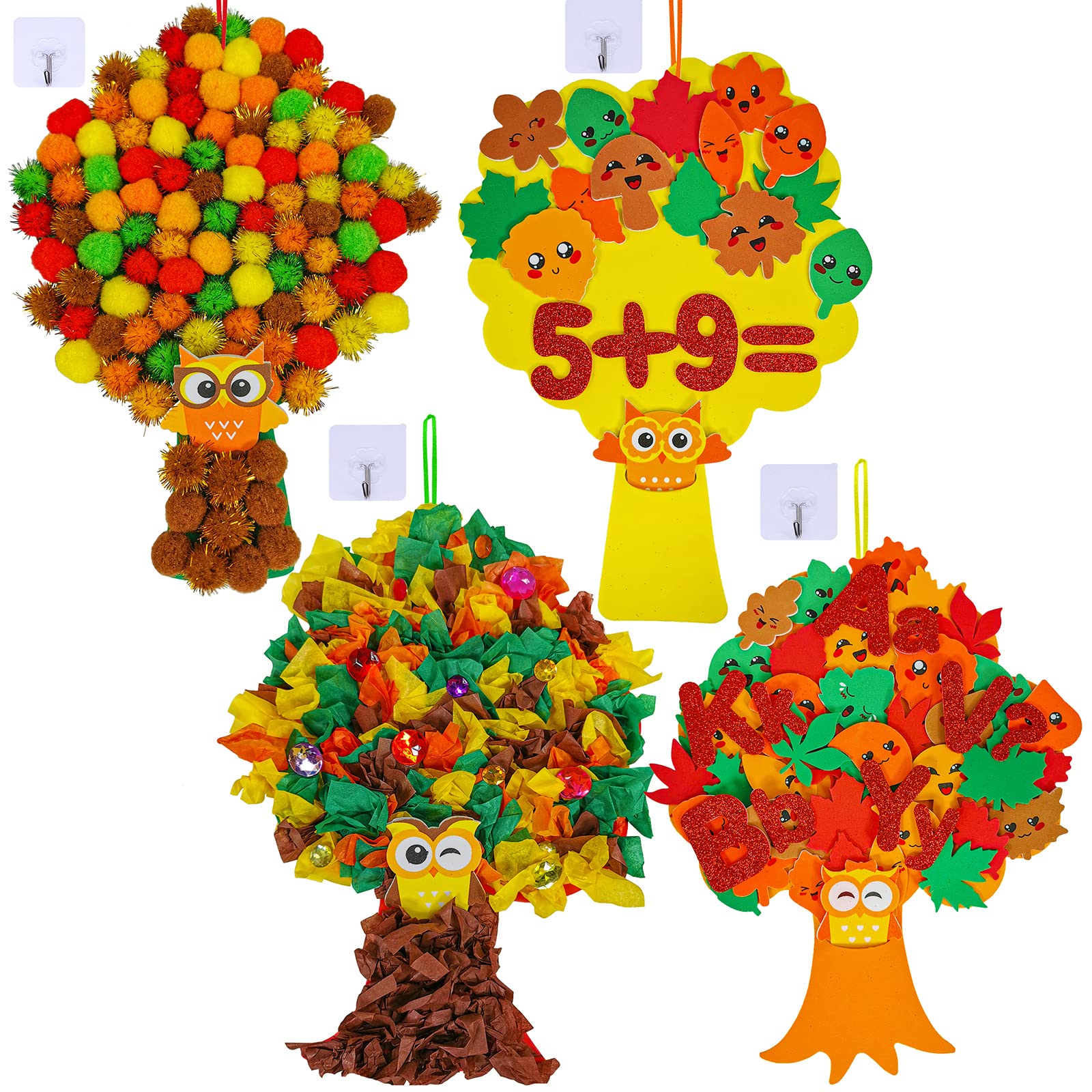 Winlyn 8 Sets Fall Crafts Kits Kids Fall Crafts Bulk Thanksgiving Crafts DIY Thankful Tree Art Sets Autumn Leaf Foam Stickers Pom-Poms Arts and Crafts for Kids Holiday School Classroom Activities