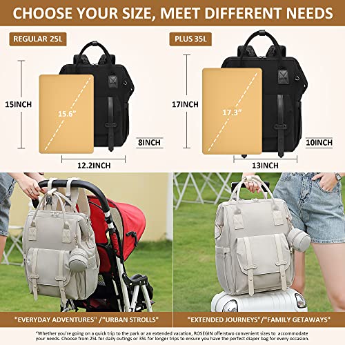 ROSEGIN 35L Large Diaper Bag Backpack for Boy Girl, Multi-Functional Baby Bag with Changing Pad, Pacifier Holder, Waterproof, Black Plus XL Fits 2 Kids Twins, Perfect Baby Shower for Mom Dad Newborn