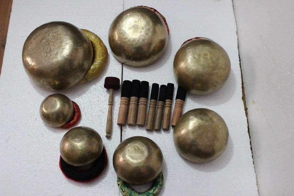 Set of 7 pieces ~ Hand Hammered Yoga Meditation Bowls 5"-10" included 7 Mallets, 7 cushions & 1 drum stick.