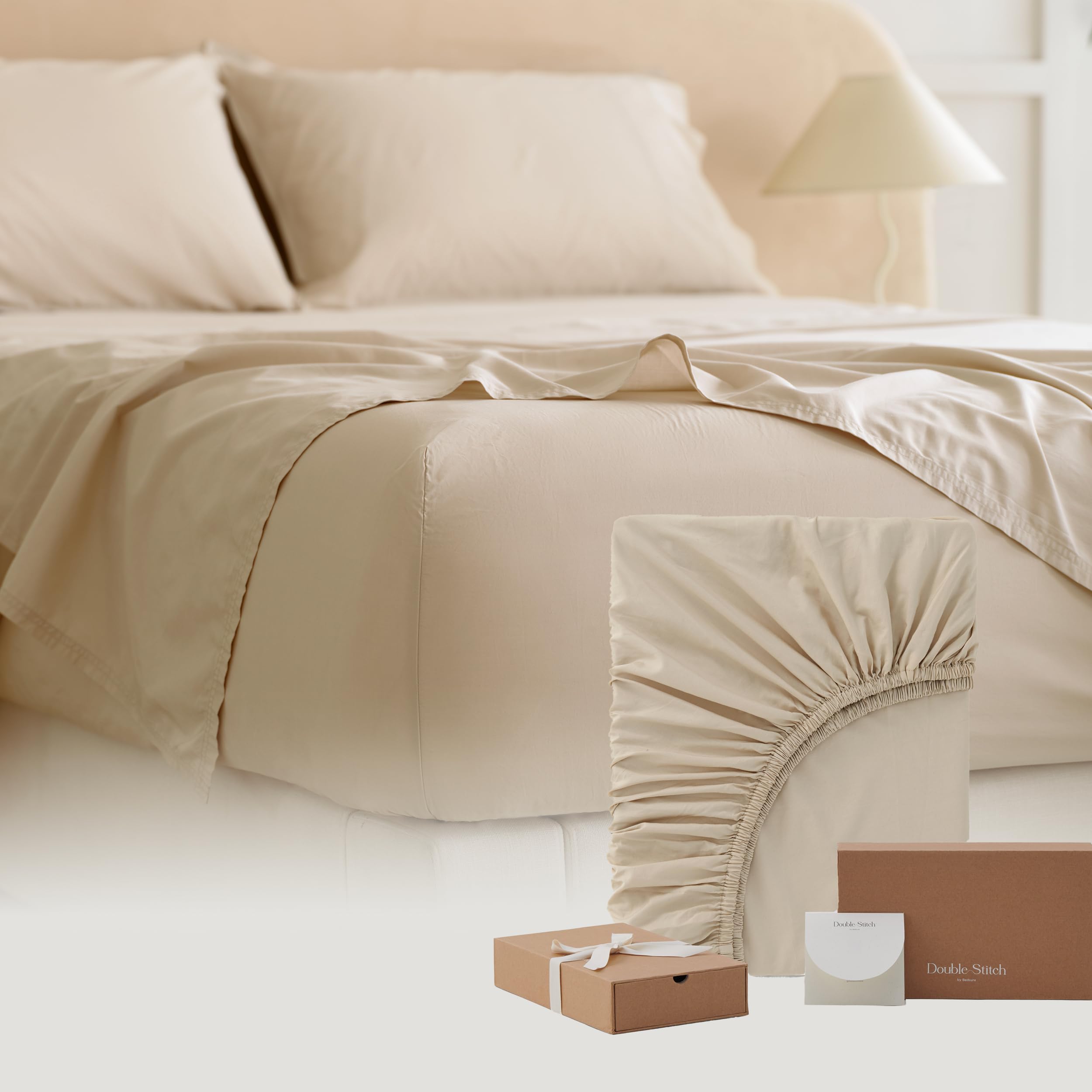 Double Stitch by Bedsure Cotton Tencel™ Lyocell Percale Duvet Cover and Fitted Sheet Bundle, 1 Cotton Tencel Lyocell Duvet Cover Set, 1 Cotton Tencel Lyocell Queen Fitted Sheet, King, Sandstone