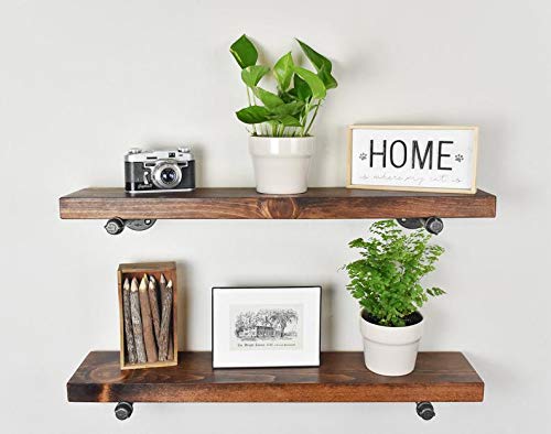 Industrial Floating Shelves Wall Shelf - Floating Shelves Wood Wall Mounted, Hanging Shelves, Floating Shelves Rustic, with Pipe Hardware Brackets (Set of 2) 2'' X 5.5'' (Special Walnut, 24)