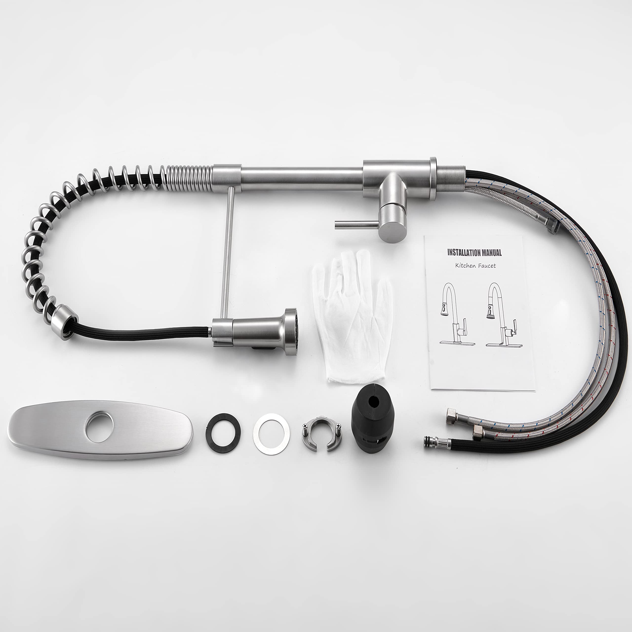 Modern Pull Down Single Handle Kitchen Faucets with Supply Lines and Deck Plate, Brushed Nickel