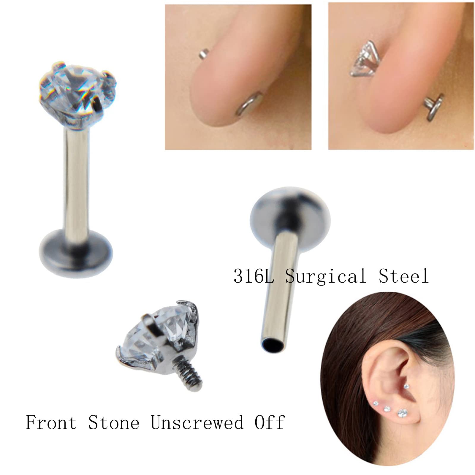 CANDYFANCY 16g Flat Back Earrings 10mm Post 316L Surgical Steel Bar 2mm 3mm 4mm CZ Stud Earrings Set Ear Lobe Rook Helix Conch Piercing Jewelry