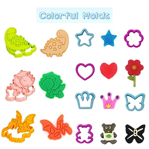 Jaeespon Dough Tools for Kids Play-41 Pieces Dough Play Set Accessories with Fruit Dinosaur Plastic Molds Roller Cutter Scissor, Preschool Arts Toys Kit Gift for Age 2-8 Girls Boys