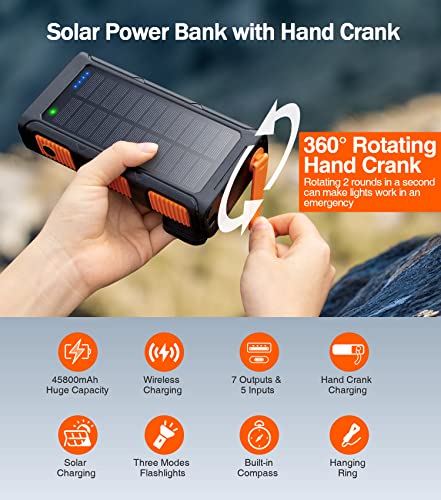 GOODaaa Power Bank Wireless Charger 45800mAh Built in Hand Crank and 4 Cables 15W Fast Charging Power Bank 7 Outputs & 4 Inputs Solar Portable Charger, SOS/Strobe/Strong Flashlights, Compass (Orange)