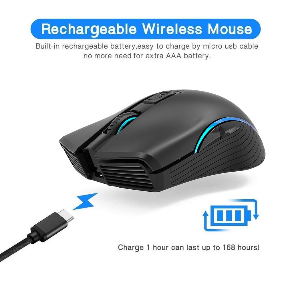 NYIEFADA Bluetooth Wireless Mouse for Laptop, LED Rechargeable Silence Computer Mice with Side Buttons Supports 2 Devices 3 DPI for HP/Dell/Win8/10/Mac