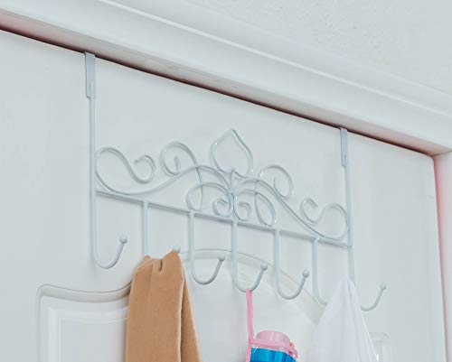 eywlwaar Over The Door Hooks with 7 Hooks Metal Rack for Home Use Hats Coats Key Bag Clothes Scarfs Hooks and Love Design(White)