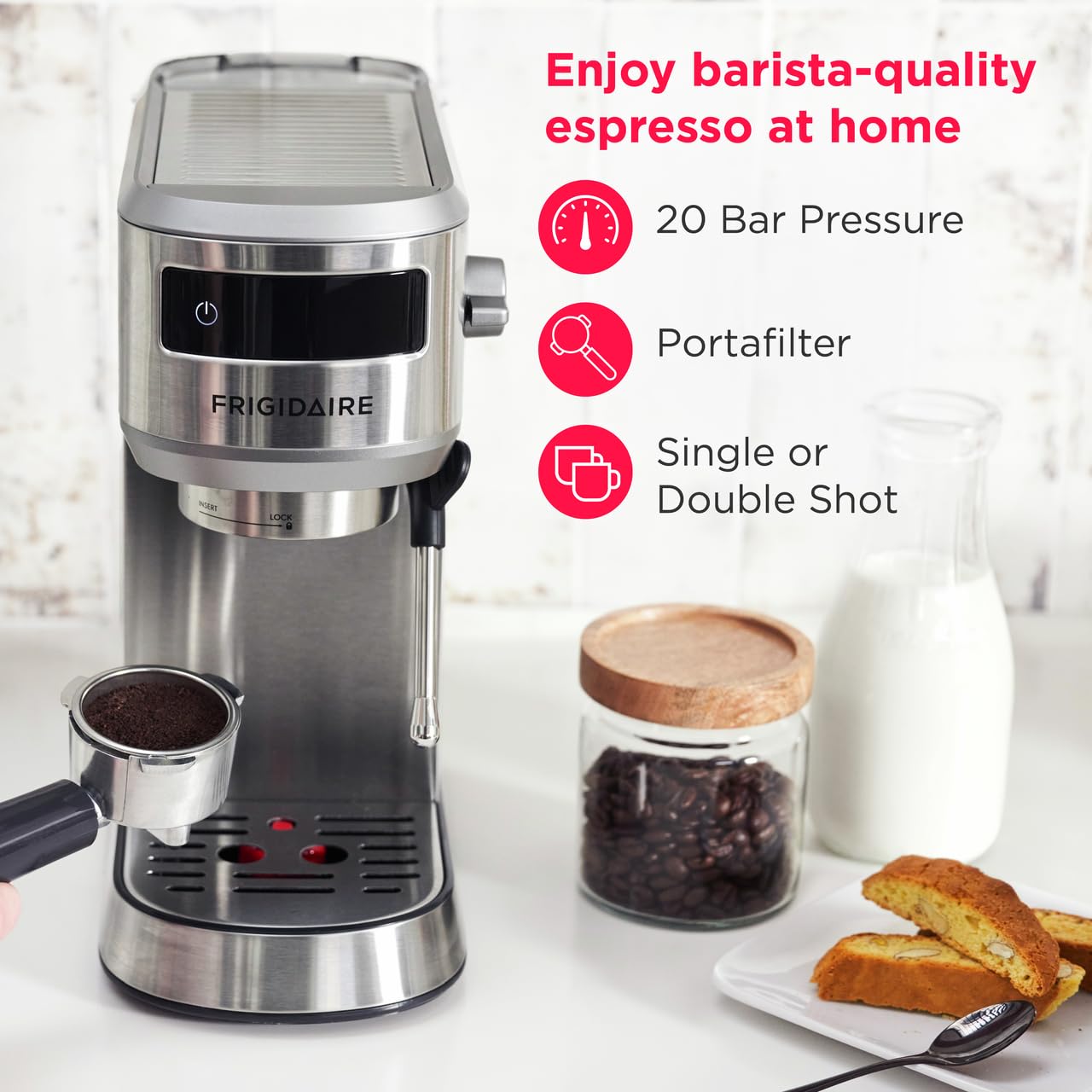 Frigidaire 20 Bar Small Espresso Machine with Milk Frother and Tamper - Makes Cappuccinos, Lattes, and More, Stainless Steel