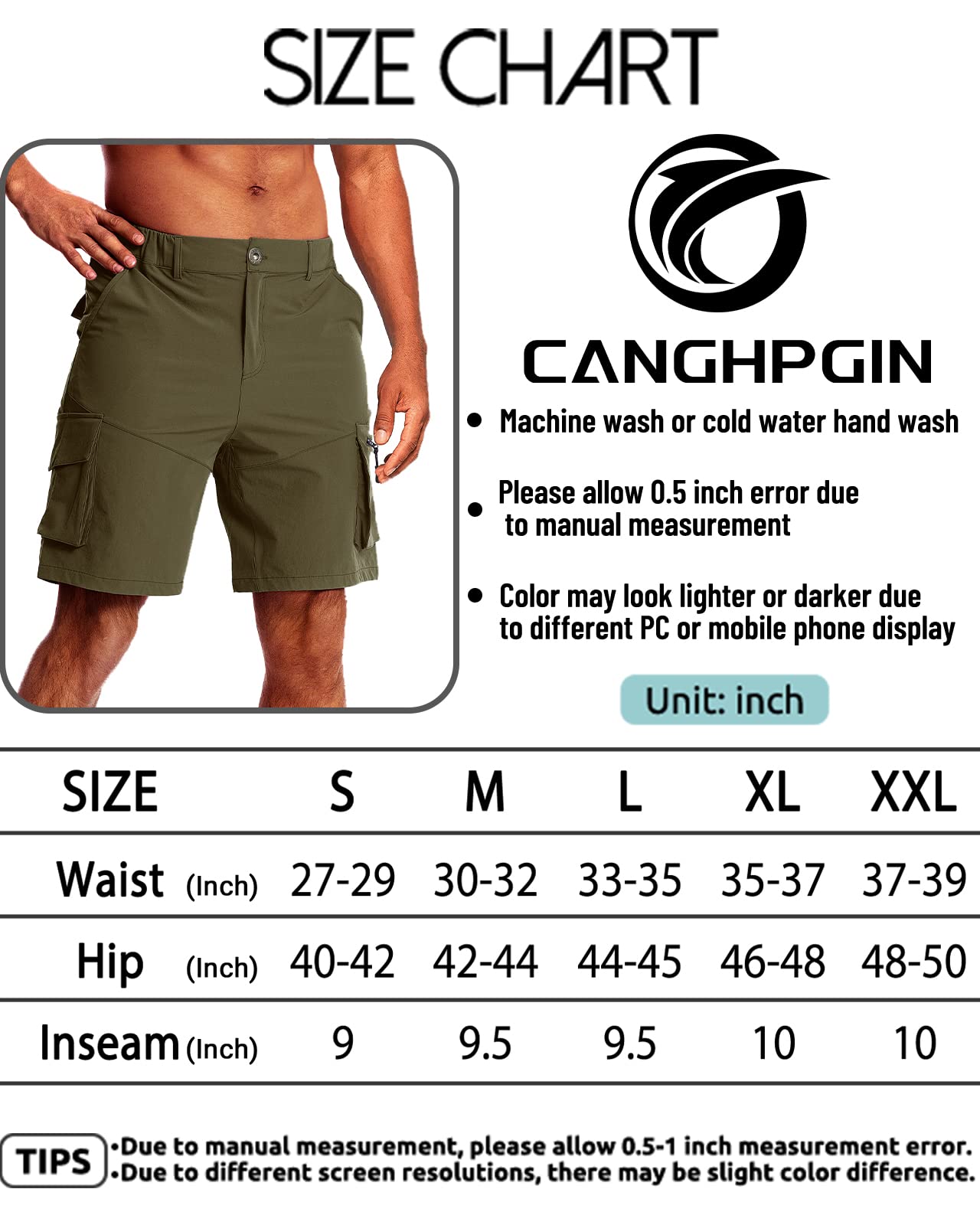 CANGHPGIN Mens Hiking Cargo Shorts 9" Quick Dry Stretch Casual Shorts Men Lightweight Fishing Work Shorts with Pockets