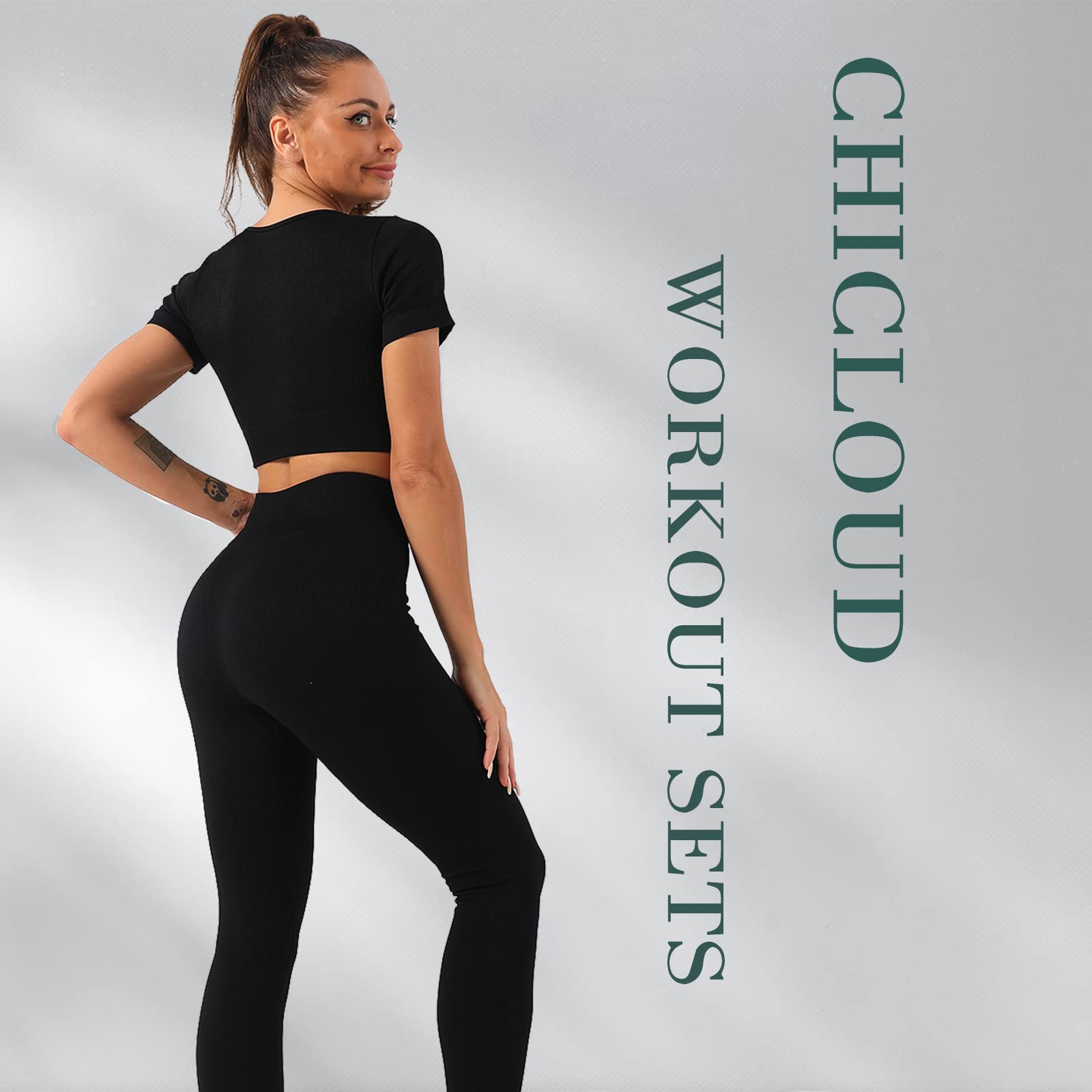 CHICLOUD Yoga Outfits for Women 2 Piece Ribbed Workout Tops Running Leggings Gym Sets Activewear