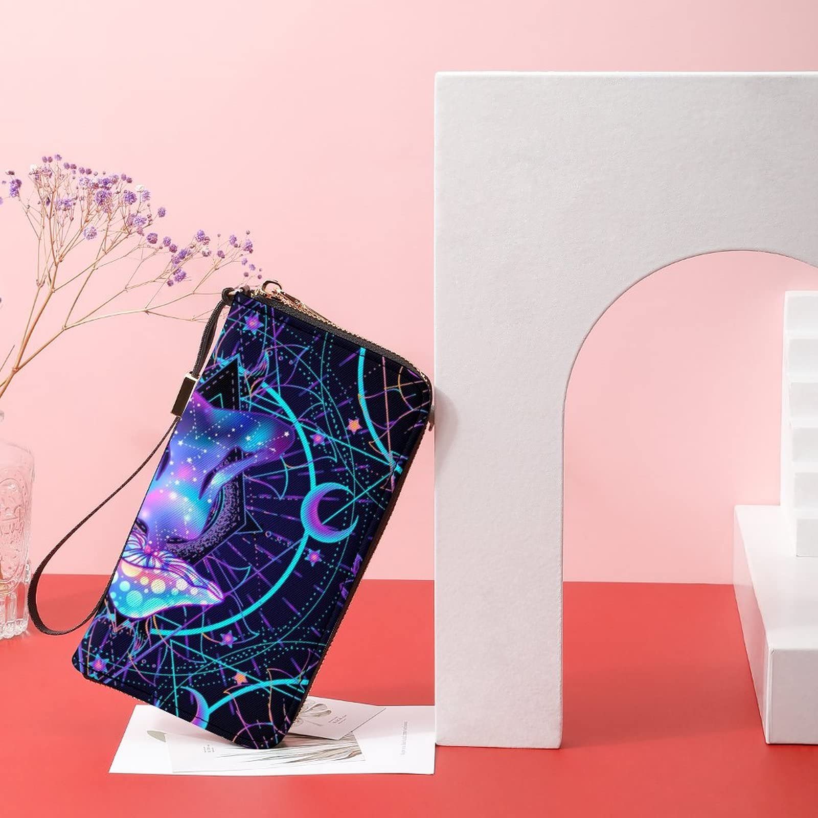 Women's Clutch Wallet Bag,Psychedelic Magic Mushrooms over Sacred Geometry Long Leather Wallets with Wristlet Strap Zipper Around Credit Card Holder GIft-TPU Durable Shockproof Lightweight Waterproof