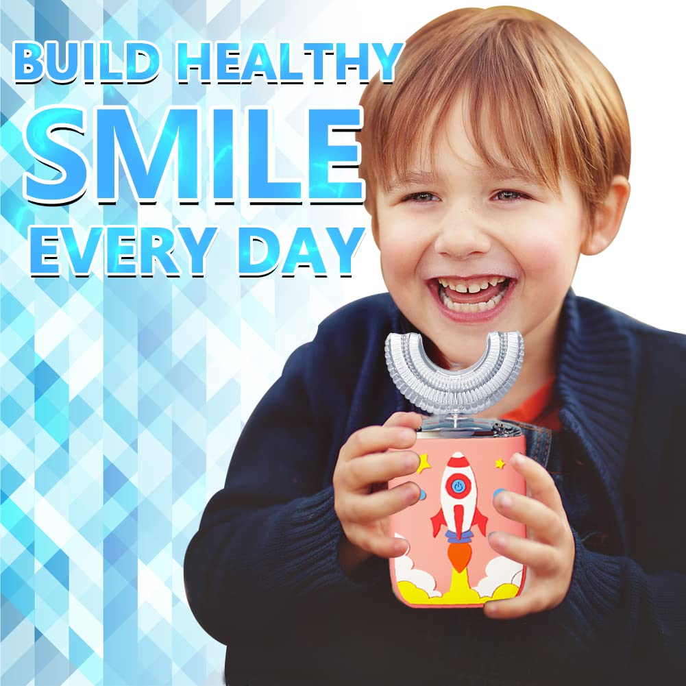 Kids U Shape Electric Toothbrushes Ultrasonic Whole Mouth Auto Toothbrush with 6 Cleaning Modes 2 Brush Heads Brushing Timer Lights IPX7 Waterproof Rechargeable Rocket Cartoon Design for Ages 2-6