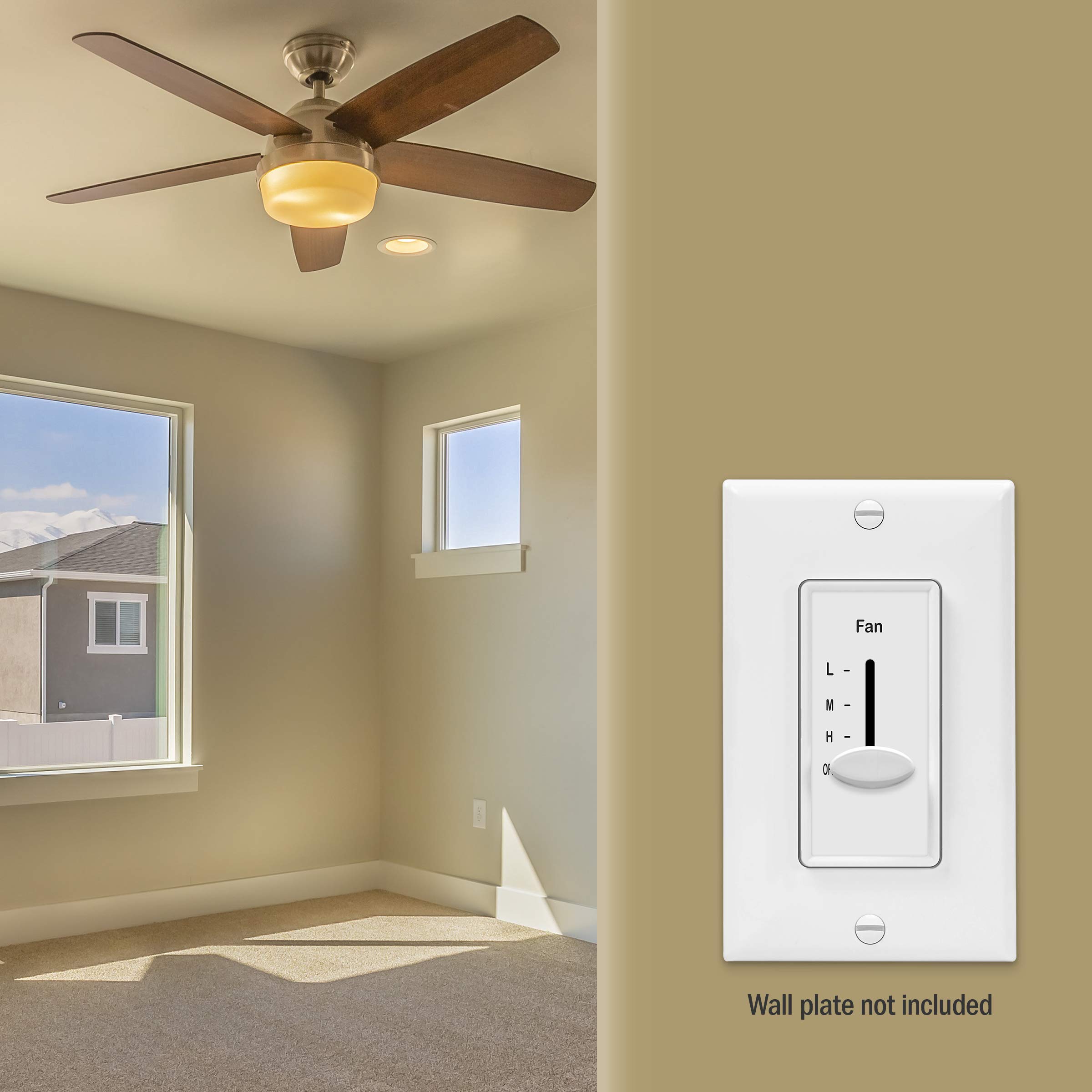 ENERLITES 3 Speed In Wall Ceiling Fan Control, Slide switch, 120VAC, 2.5A, Single-Pole, No Neutral Wire Required, 17000-F3-W-F, White