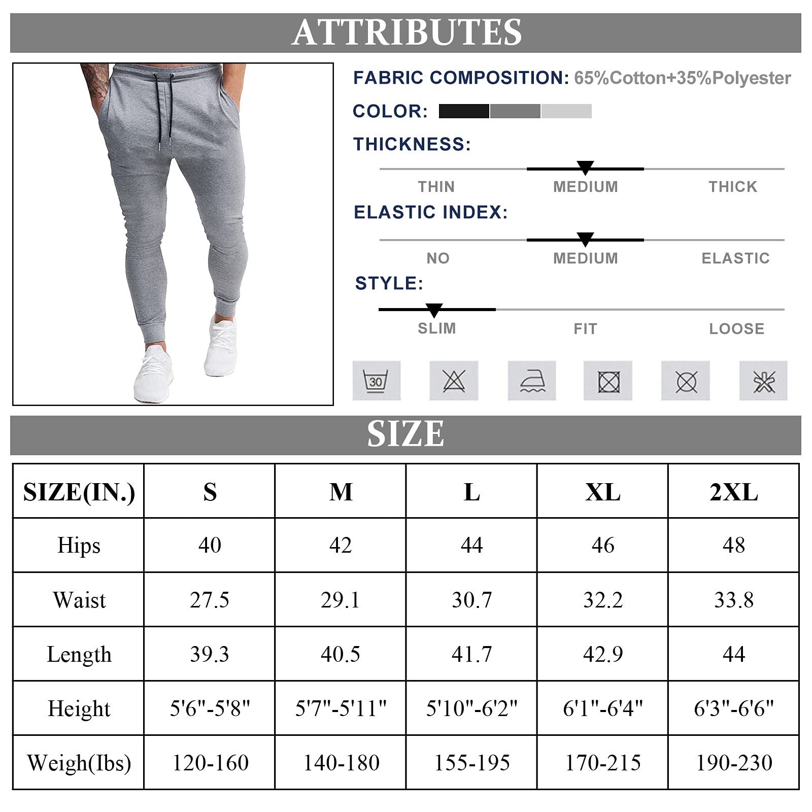 BUXKR Men's Slim Joggers Workout Pants for Gym Running and Bodybuilding Athletic Bottom Sweatpants with Deep Pockets,Dark Grey&Light Grey,M