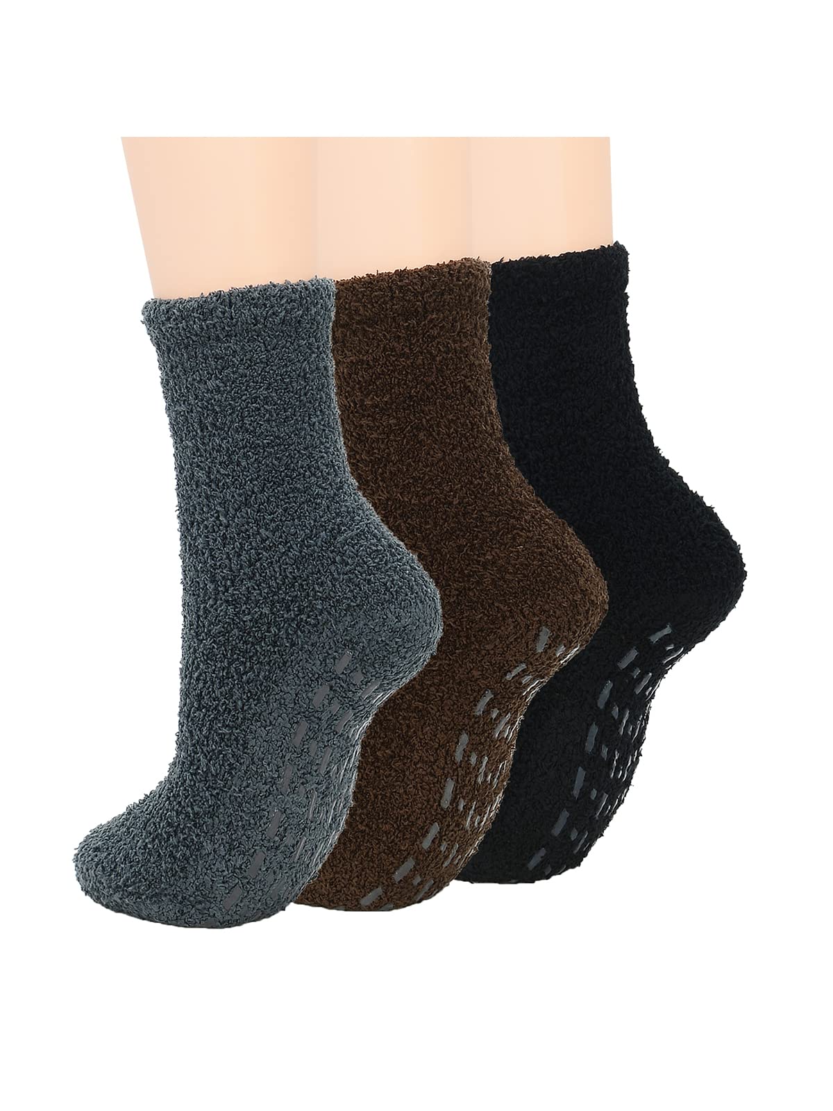 Century Star Non Slip Fuzzy Socks With Grips For Men Warm Cozy Socks Fluffy Socks Athletic Socks For Christmas 3 Pairs Coffee Navy Black(Non-Slip) One Size