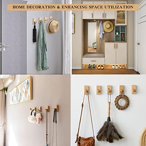 QUELLANCE Wood Wall Hooks for Hanging - 4 Pack Utility Hooks Coat Hooks Wall Mounted, Robe & Towel Hooks for Bathroom, Natural Handmade Hat Hooks Heavy Duty Wall (Beech Wood)