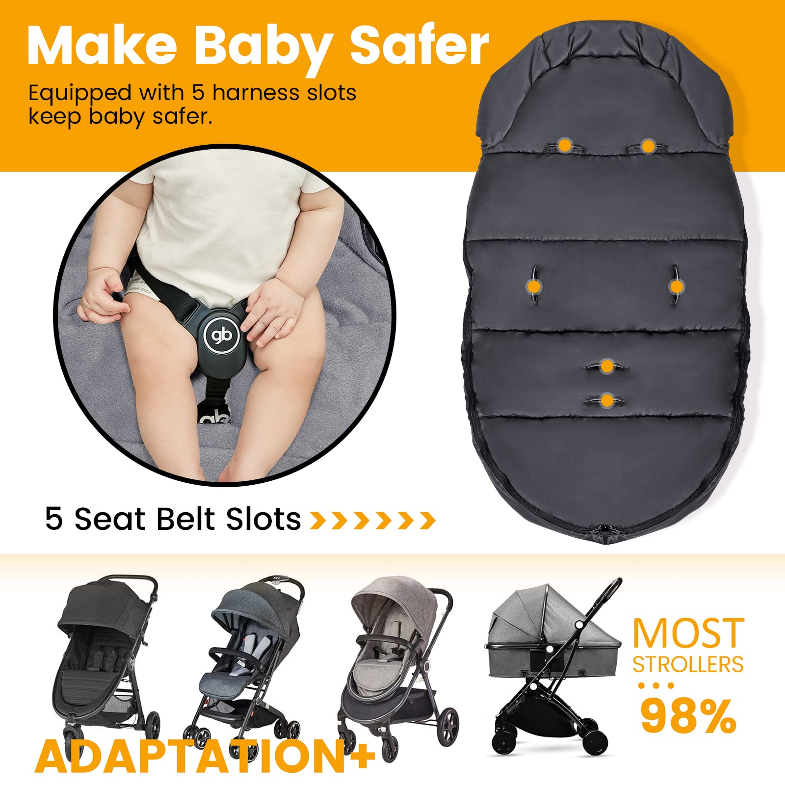 Orzbow Universal Footmuff for Stroller, Winter Warm Baby Stroller Bunting Bag, Waterproof Windproof Warm Coral Fleece Lined for Toddler Stroller Sleeping Bag (Black)
