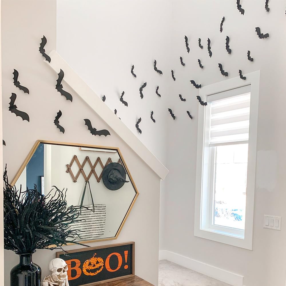 Halloween Bat Decorations - 12PCS Green Glowing Bats, DIY Window Wall Stickers, Reusable PVC 3D Bats Stickers for Bathroom Indoor Hallowmas Party Supplies