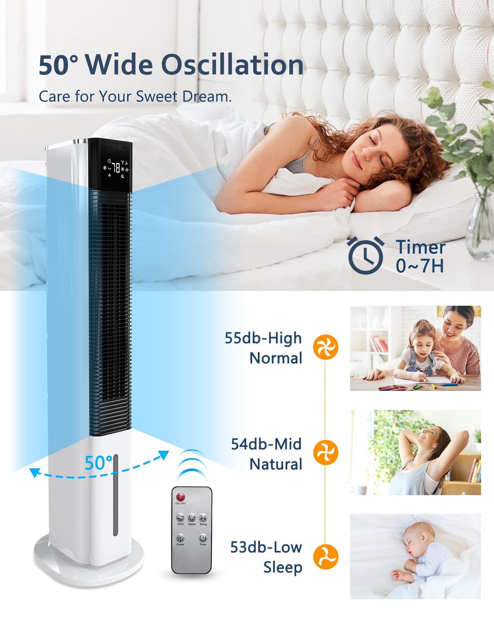 Sunday Living Evaporative Air Cooler, 42 Inch Tower Fan w/Cooling & Humidification, Swamp Fan with Remote Control, 1.3 Gallon Water Tank, 3 Speed & 3 Mode Setting, 12 Hour Timer