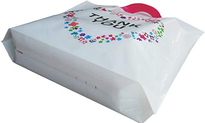 inkalfa 24 Pcs Beige Thank You Bags,Gift Bags with Soft Loop Handle,Plastic Bags Boutique Bags,Size:15"x12"x3"(38 * 30 * 8CM 2.8 Mil.
