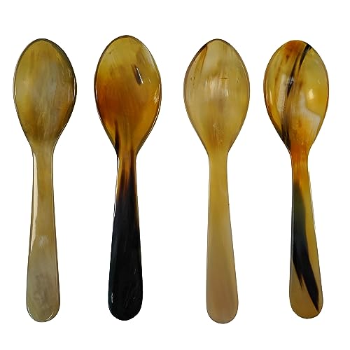 Mythrojan 4pcs Buffalo Horn Spoons Polished Finish Handcrafted from Genuine Ox Horn Fully Functional Horn Accessory for Reenactments