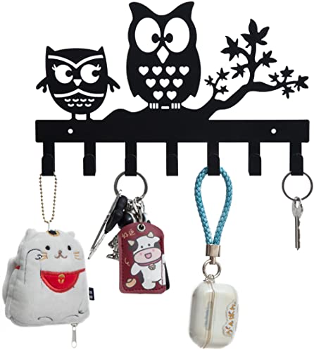 FairyCity Keys Holder for Wall Metal Vintage Owl Keys Hook-27cm*17cm Home Decor Key Hanger Decorative with 7 Hooks,Black