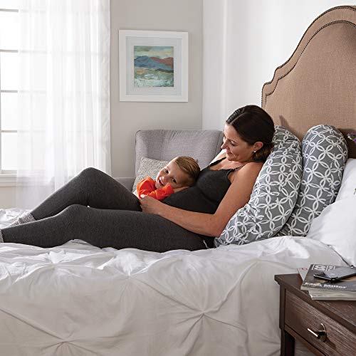 Boppy Total Body Pregnancy Pillow with Removable, Breathable Pillow Cover | Gray Scattered Leaves | Plush Full-Body Support | Prenatal and Postnatal Positioning