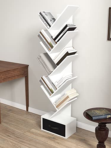 Panana Tree Bookshelf with Drawer, 8-Tier Wooden Storage Rack Wisdom Tree Book Holder Bookshelves Organizer for Living Room, Bedroom, Home Office (White)