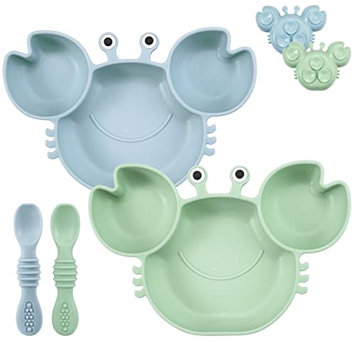 PandaEar 2 Pack Silicone Suction Plate for Baby, Divided Unbreakable Toddler Food Plate with 2 Pack Spoons for Self Feeding, Toddler Utensils Feeding Set Baby Eating Supplies, Crab Shape, Blue&Green