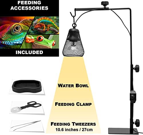 GDUUZ Pet Lamp Stand for Reptiles Insects and Cold Blooded Basking Animals– Adjustable Height and Reach Heat Light Hanger – Includes Feeding Accessories