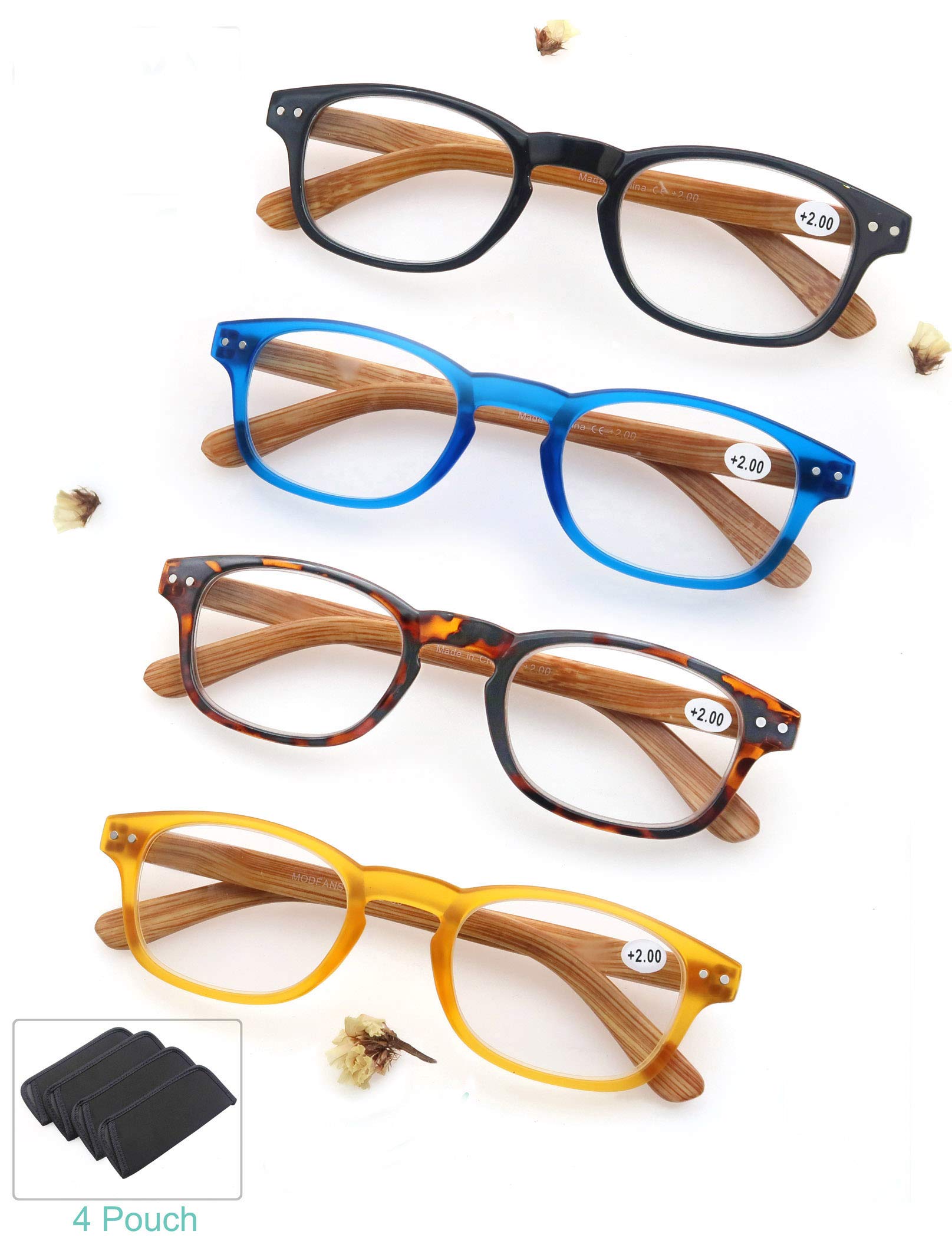 MODFANS 4 Pack Reading Glasses 2.0 Fashion Wood-Look Spring Hinges Stylish Readers Men Women