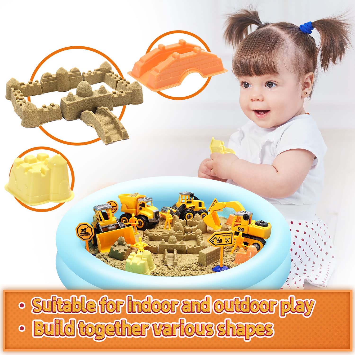 YIDESTARS Play Construction Sand Kit,2.2lbs Magic Sand W/4 Large Take Apart Construction Trucks,1 Sandbox,8 Worker Figures and Road Signs,8 Molds,Toys for 2-8 Years Old Boys Girls