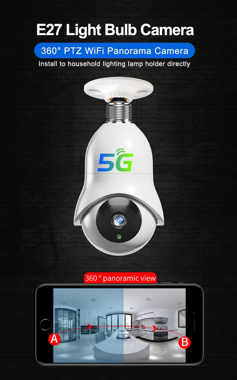 Burbifro 360° Security Lightbulb Camera, 2.4GHz & 5GHz 360 Degree WiFi Light Bulb Surveillance Camera, Wireless Camera for Home Security, Motion Detection, Two-Way Audio Cam