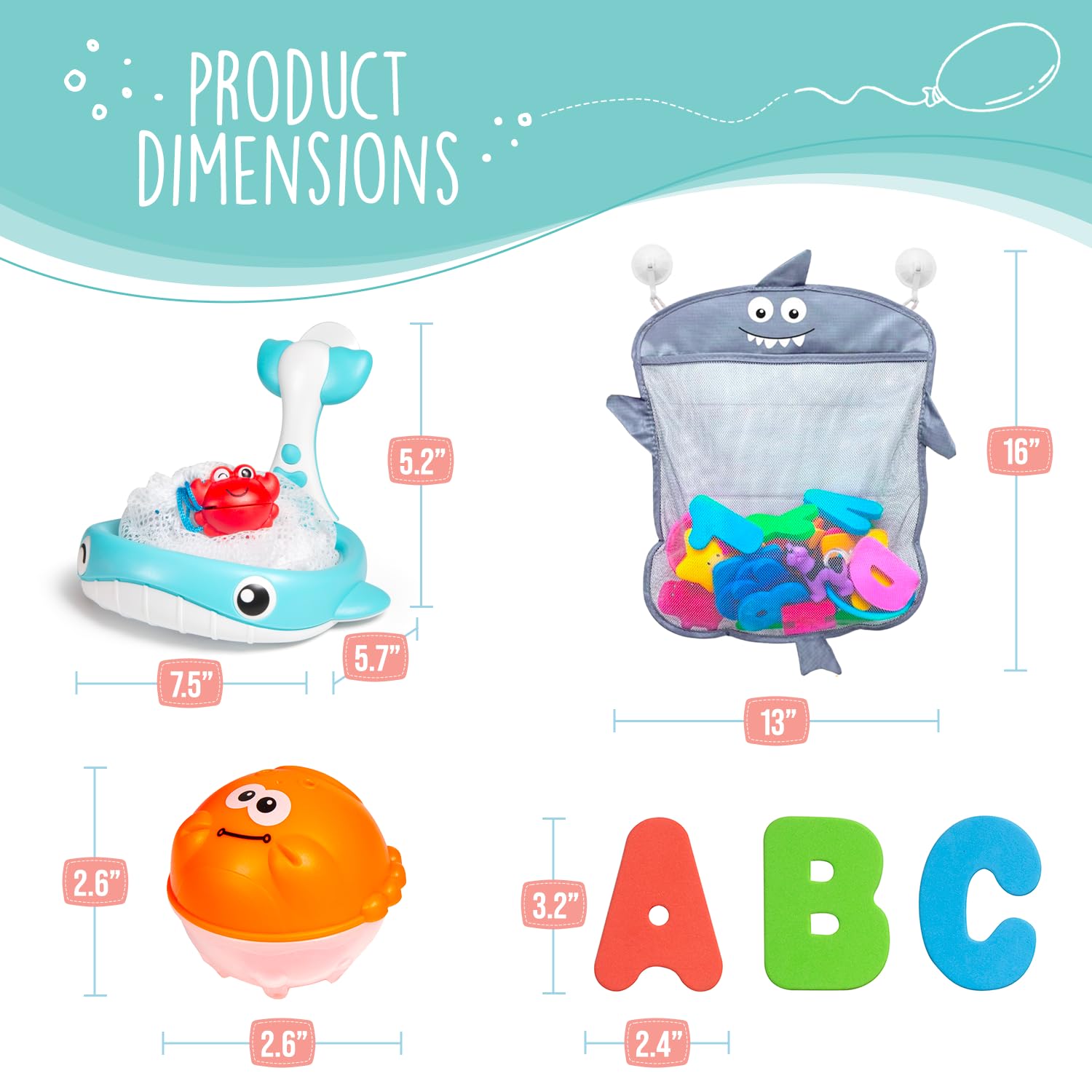 Comfylife Baby Bath Toy Organizer - Bath Toy Storage for Shower - Bathtub Toy Organizer Includes Foam Bath Toys (Numbers & Letters & Squirty Toys) + Extra Net That Doubles as a Toy