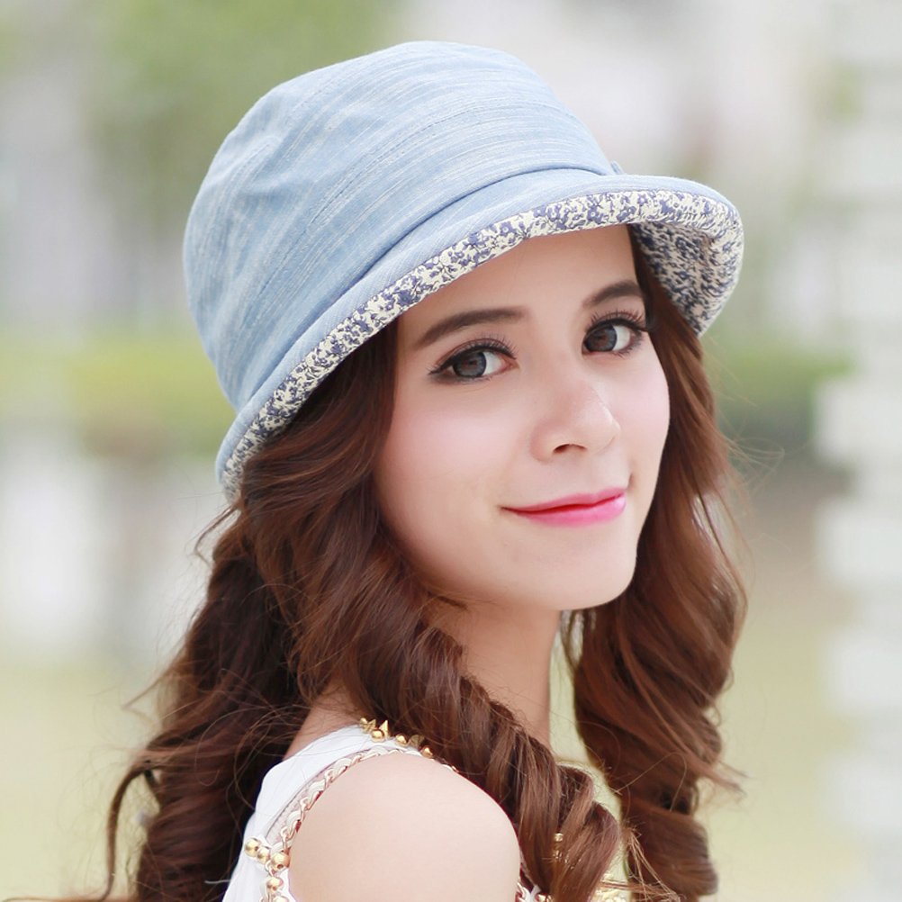 CACUSS Women's Foldable Floral Bucket Hat Rolled Brim with Bowknot Blue