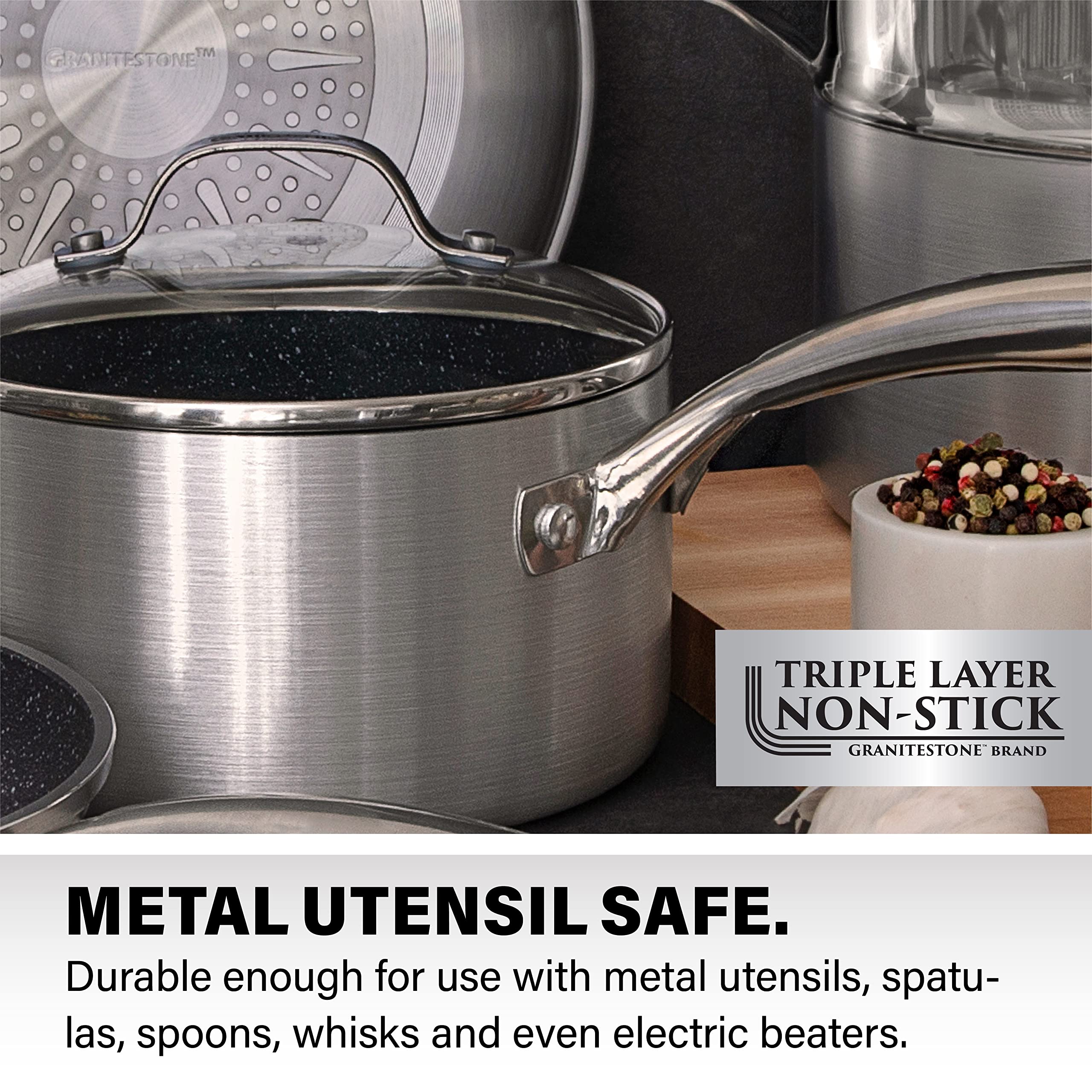 Granitestone Nonstick 3 Quart Saucepan with Glass Lid, Small Pot with Lid-Ultra Durable Coating with Brushed Exterior Silver-100% PFOA Free-Dishwasher & Oven Safe