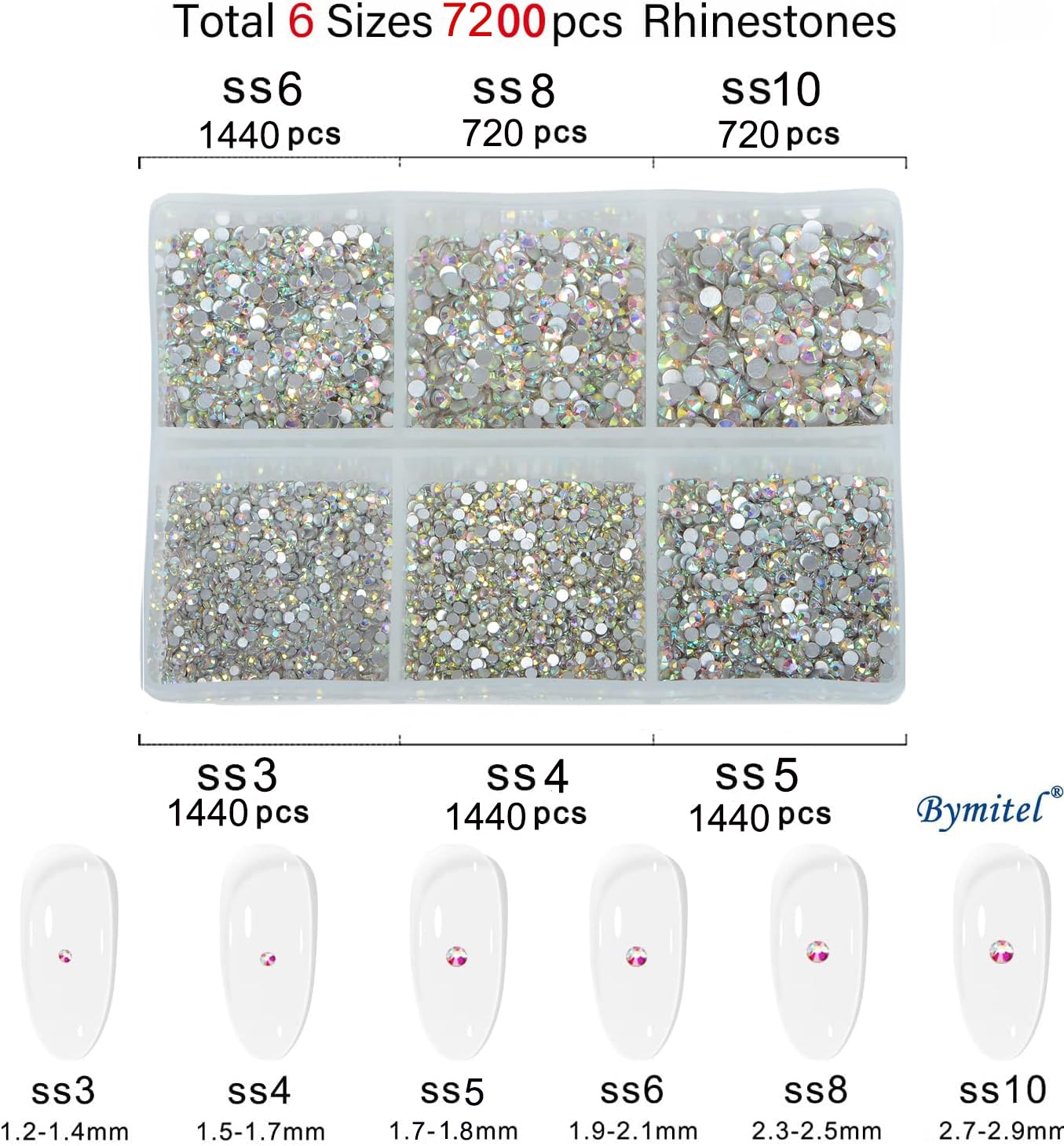 Bymitel 7200 Pieces 6 Mixed Sizes Glue Fix on Glass Rhinestones Round Crystal Gems Flatback for DIY Jewelry Making with one Picking Pen (6-Sizes 7200PCS, Crystal AB)