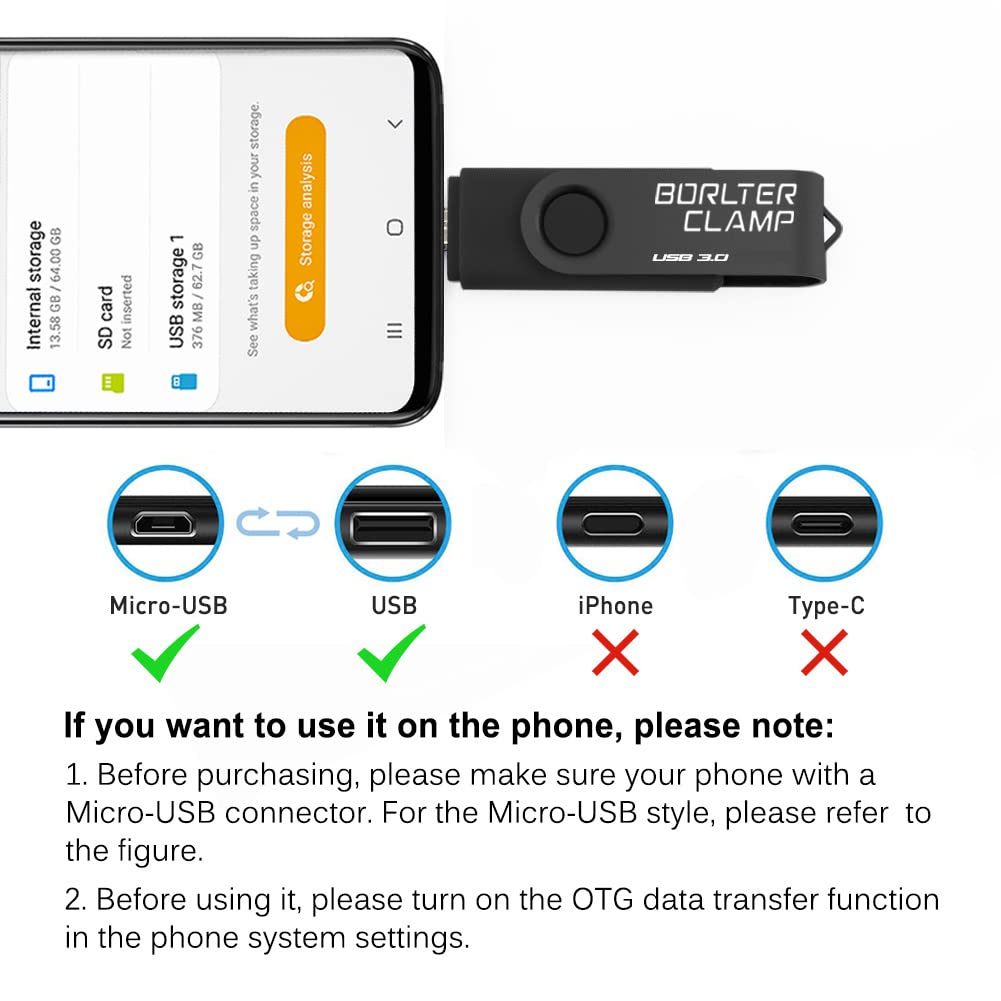 BorlterClamp 128GB USB 3.0 Flash Drive Dual Port Memory Stick, OTG Thumb Drive with Micro USB Drive Port for Android Smartphone Tablet & Computer (Black)