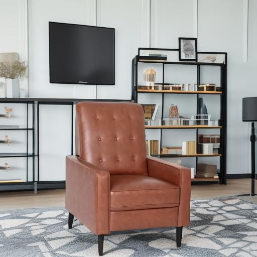 Flash Furniture Erza LeatherSoft Button Tufted Pushback Recliner, Mid-Century Modern Recliner Chair for Residential and Commercial Use, Cognac Brown