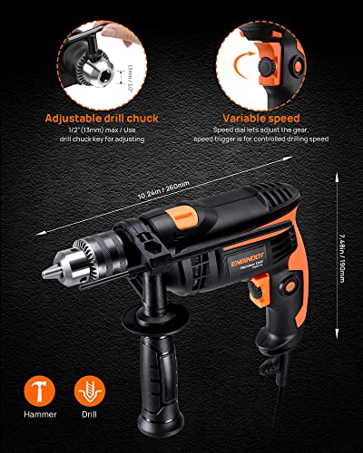 ENGiNDOT Hammer Drill, 1/2-Inch 6-AMP Corded Electric Hammer Drill with 2800RPM, Variable Speed, Drill Chuck, 10 Drill Bits for Home Improvement, Concrete, Steel, Wood (NOT for Reinforced Concrete)