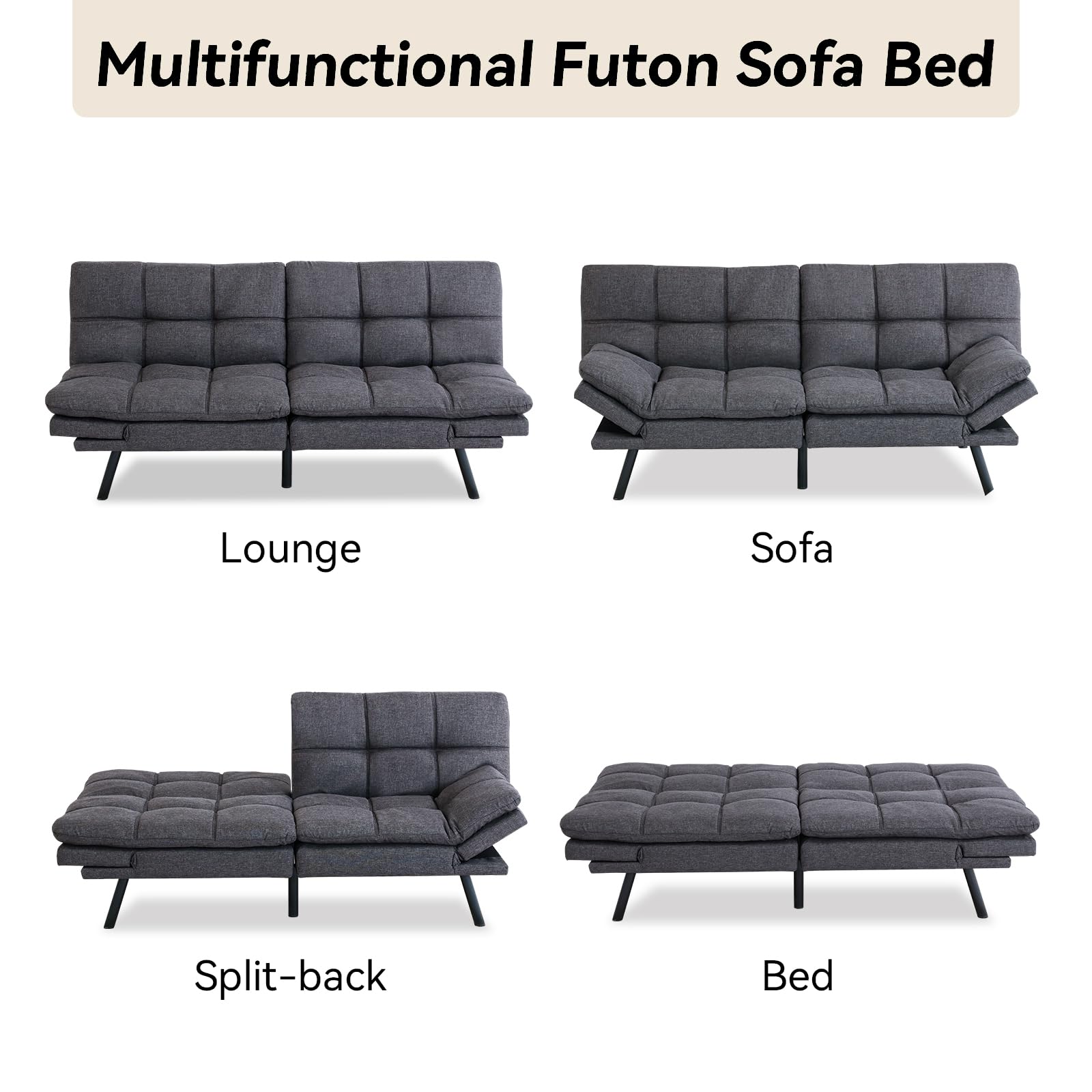 Erdoru Convertible Memory Foam Futon Sofa Bed Couch,Linen Fabric Futon Sofa Couch,Sleeper Futons Sofa Bed,Small Splitback Modern Loveseat Sofa Bed for Living Room,Office,Apartment,Dark Grey