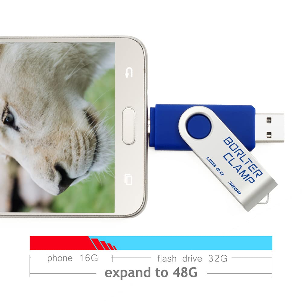 BorlterClamp 32GB USB Flash Drive Dual Port Memory Stick, OTG Swivel Thumb Drive with Micro USB Drive Port for Android Smartphone Tablet & Computer (Blue)